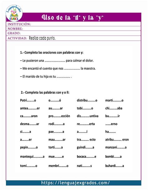 Uso De La “ll” Y La “y” Para Niños Con Ejemplos Y Ejercicios