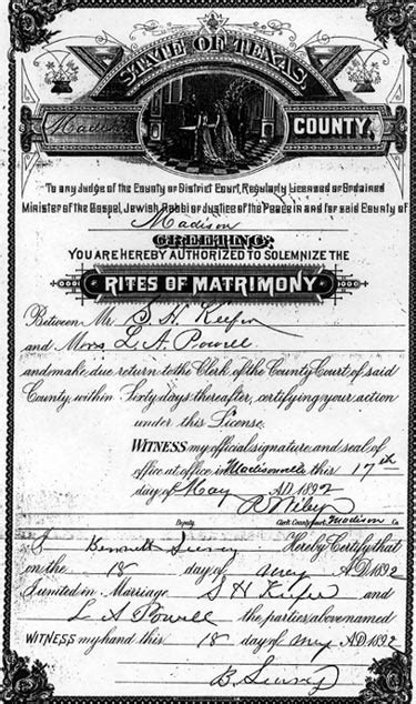 Marriage License Of Stephen H Keefer And Lizzie Powell