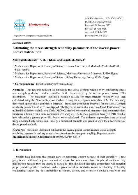 Pdf Estimating The Stress Strength Reliability Parameter Of The Inverse Power Lomax Distribution