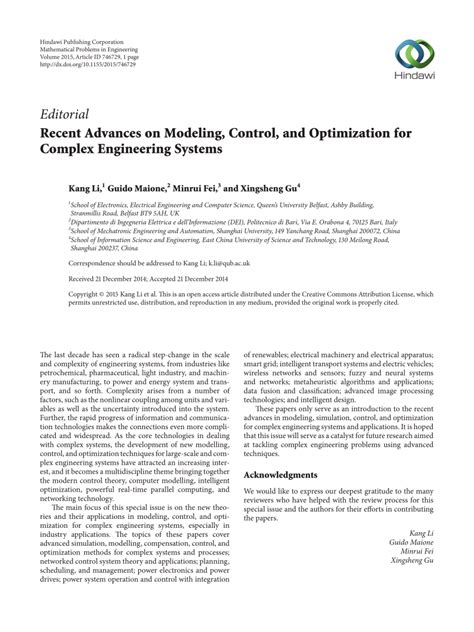 PDF Recent Advances On Modeling Control And Optimization For Complex Engineering Systems