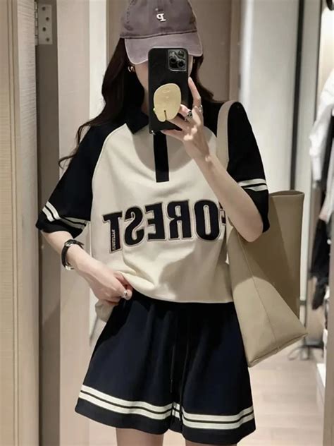 여성용 레터 프린트 반팔 셔츠 상의 및 루즈 반바지 2 피스 세트 한국 운동복 하라주쿠 의상 2023 여름 Aliexpress