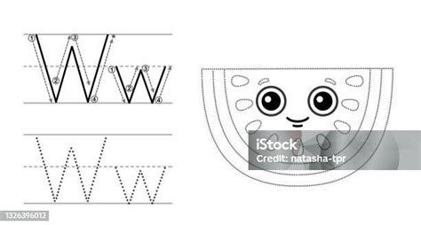 문자를 추적하고 그림을 추적하고 색칠합니다 교육 아이들은 게임을 추적합니다 알파벳색칠하기 편지 W와 재미 수박 수박에 대한 스톡 벡터 아트 및 기타 이미지 Istock