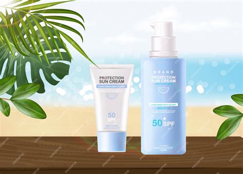 썬 크림 병 3d 현실 절연 열대 배너 보호 썬 크림 Spf 50 여름 화장품 프리미엄 벡터