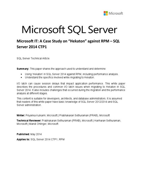 Fitment Of Hekaton Against Rpm Sql Server 2014 Ctp1 Pdf Database