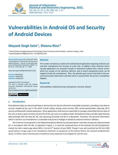 Pdf Vulnerabilities In Android Os And Security Of Android Devices