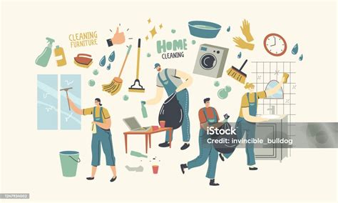 장비 청소 창 욕실 및 거실 유니폼 문자입니다 직장에서 청소 청소 바닥 문질러 집에서 청소에서 전문 청소기의 서비스 선형 사람 벡터 일러스트레이션 대형에 대한 스톡 벡터