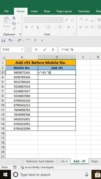 excel tips ⌨️ 83 add 91 before mobile no youtube