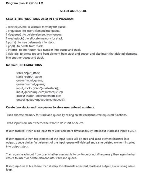 Solved Program Plan C Program Stack And Queue Create The Chegg