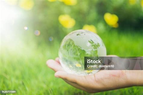 생태 환경 숲의 녹색 자연 배경에서 햇빛을 가진 지구 구체 결정 또는 지속 가능한 지구 유리를 들고있는 인간의 손 환경 보전 보호 행성의 개념 개념에 대한 스톡 사진 및