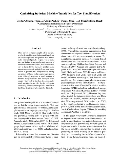 Pdf Optimizing Statistical Machine Translation For Text Simplification