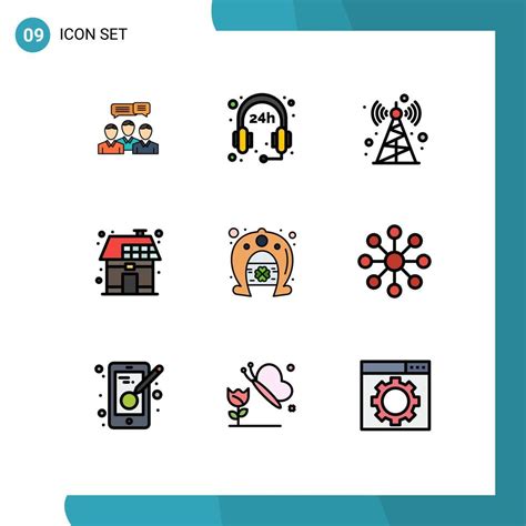 9 Universal Filledline Flat Color Signs Symbols Of Day Power Survice House Eco Editable Vector