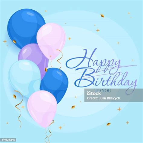 생일 축하 휴일 파란색 분홍색 인사말 카드용 보라색 디자인 풍선과 색종이 초대장 생일 축하를 위한 템플릿 3차원 형태에 대한 스톡 벡터 아트 및 기타 이미지 Istock