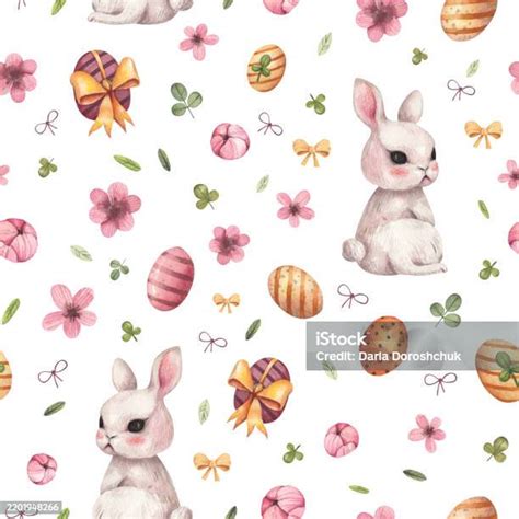 귀여운 부활절 테마의 완벽 한 패턴으로 사랑 스러운 손으로 그린 토끼 그려진 달걀 클로버와 봄 꽃 0명에 대한 스톡 벡터 아트 및 기타 이미지 Istock