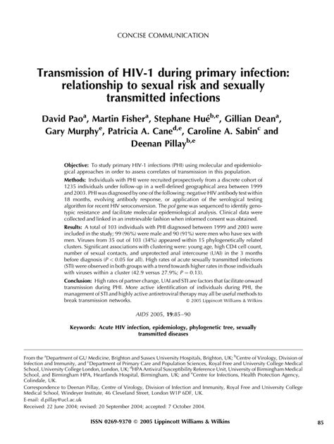 PDF Transmission Of HIV 1 During Primary Infection Relationship To Sexual Risk And Sexually