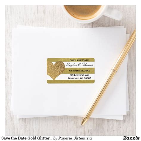 Save The Date Gold Glitter Stripe Return Address Label Gold Hearts Stripe Modern Simple