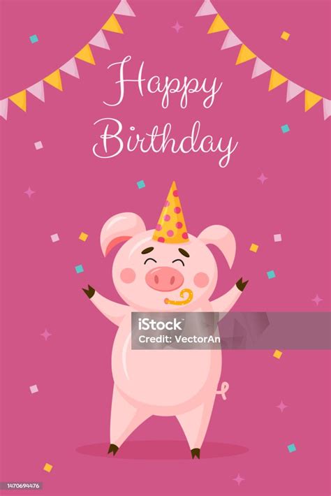 벡터 인사말 생일 카드 서식 파일입니다 분홍색 배경에 생일 모자를 쓴 색 깃발을 가진 행복 한 귀여운 돼지 축하 일러스트 공휴일에 대한 스톡 벡터 아트 및 기타 이미지