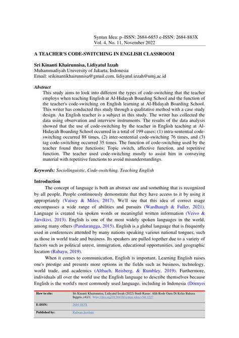 Pdf A Teachers Code Switching In English Classroom