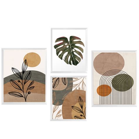 Kit Quadros Decorativos Plantas Formas E Linhas Moldura Branca Camicado