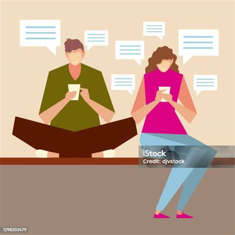 스마트폰 사람 및 가젯을 사용하여 앉아있는 남자와 여자 캐릭터 남성에 대한 스톡 벡터 아트 및 기타 이미지 남성 남자 등장인물 Istock