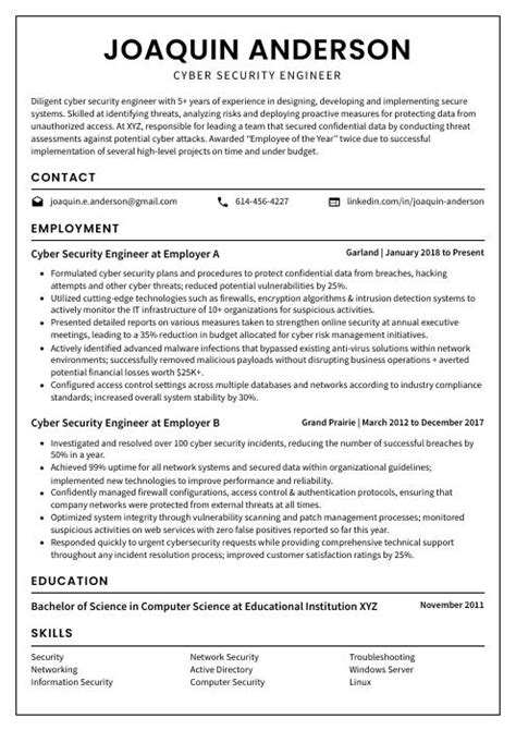 Cyber Security Engineer Resume Cv Example And Writing Guide