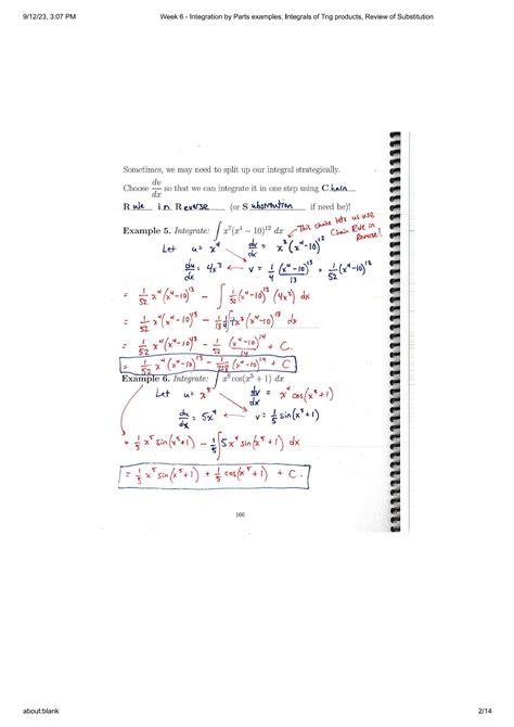 Solution Integration By Parts Examples Integrals Of Trig Products Review Of Substitution