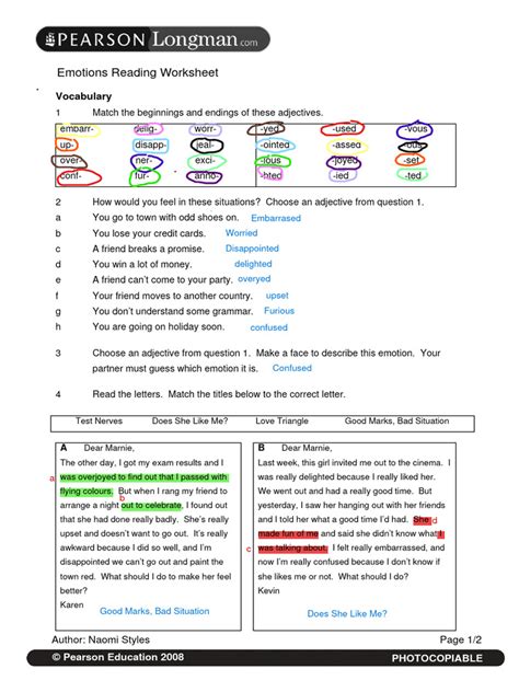 Emotions Reading Worksheet Resolved Pdf