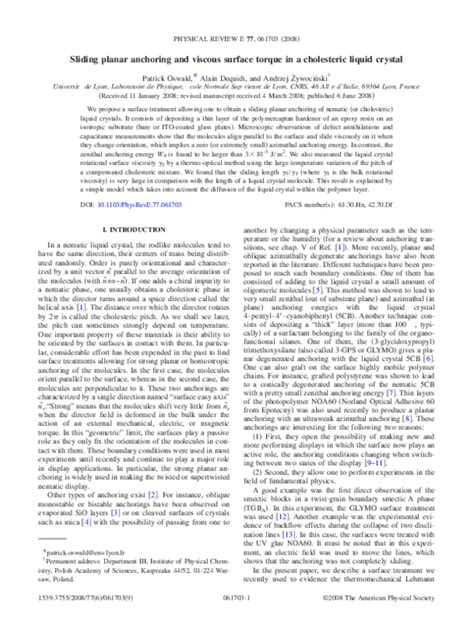 Pdf Sliding Planar Anchoring And Viscous Surface Torque In A