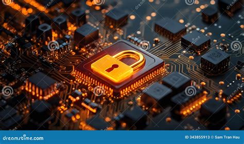 Hardware Lock Computer Security And Encryption Concepts With Lock Pad On Micro Chip On