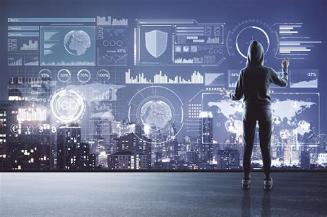 Premium Photo Hacker Standing On Rooftop With Digital Business