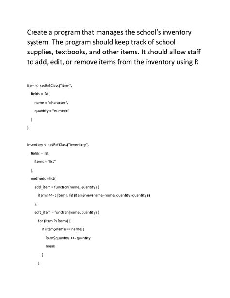 Comp6076 Assign 06 R Program That Manages The Schools Inventory System Using R Create A