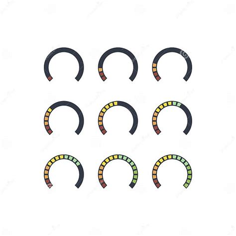 Set Of Color Tachometers Flowmeter With Indicator In Green Orange And Red Part Speedometer
