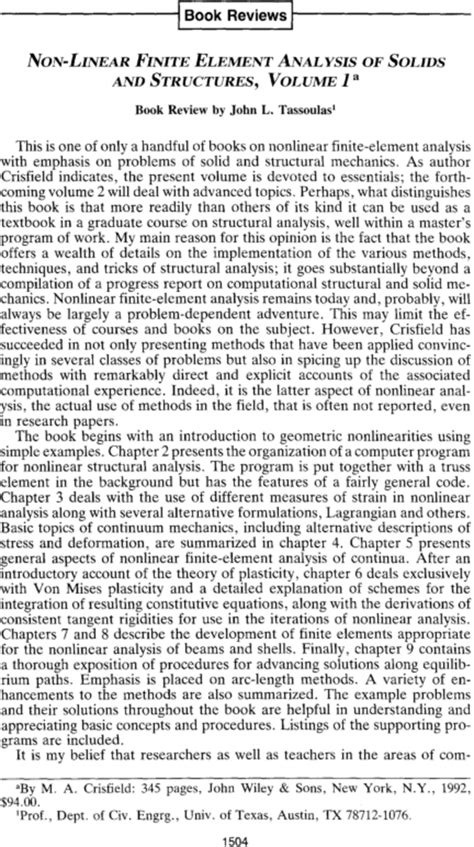 Non‐linear Finite Element Analysis Of Solids And Structures Volume 1 Journal Of Engineering