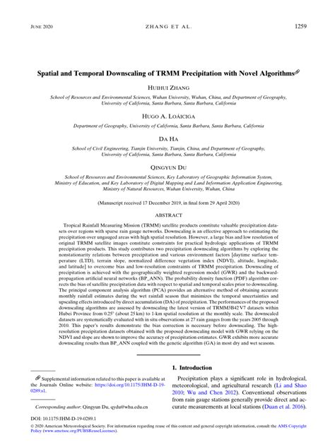 Pdf Spatial And Temporal Downscaling Of Trmm Precipitation With Novel