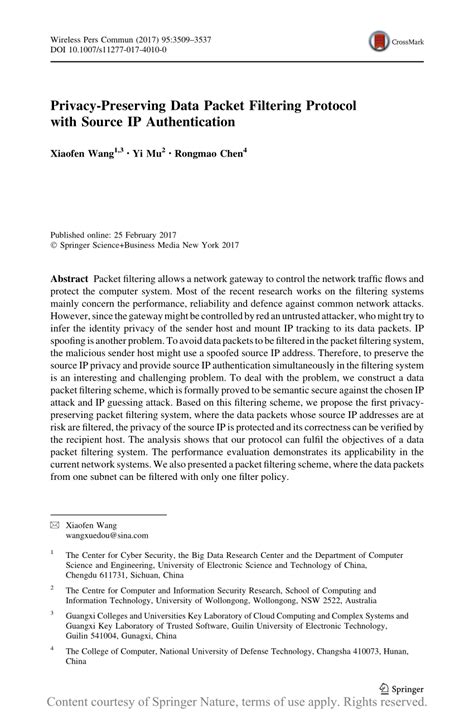 Privacy Preserving Data Packet Filtering Protocol With Source Ip Authentication Request Pdf