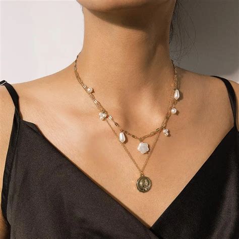 개성 비대칭 크리 에이 티브 펜던트 목걸이 레트로 양각 모조 진주 체인 액세서리펜던트 목걸이 Aliexpress