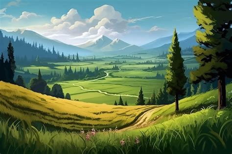 Зеленые горы лес мультфильм фон Премиум векторы