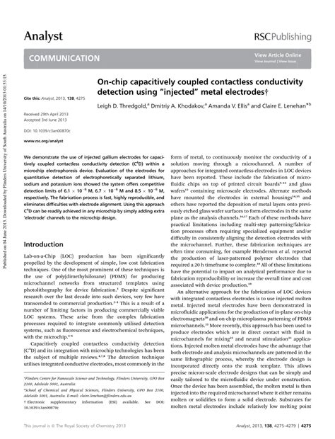 Pdf On Chip Capacitively Coupled Contactless Conductivity Detection Using Injected Metal