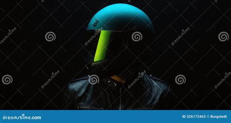 Conceptual Depiction Of A Motorcyclist Wearing A Colored Motorcycle Helmet In A Very Dark And