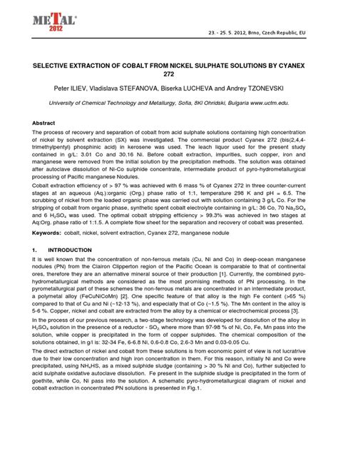 Selective Extraction Of Cobalt From Nickel Sulphate Solutions By Cyanex Pdf Nickel Manganese