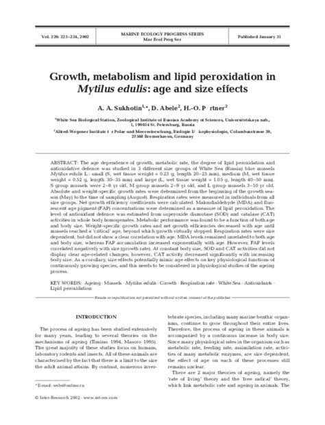 Pdf Growth Metabolism And Lipid Peroxidation In Mytilus Edulis Age