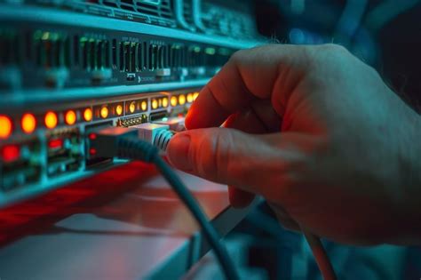 A Mans Hand Plugging Internet Cable Into Wifi Router Premium AI Generated Image