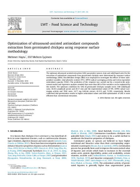 Pdf Optimization Of Ultrasound Assisted Antioxidant Compounds
