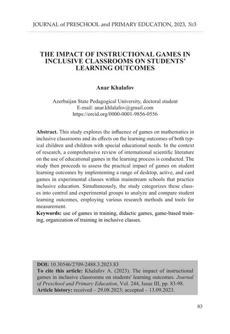 Pdf The Impact Of Instructional Games In Inclusive Classrooms On