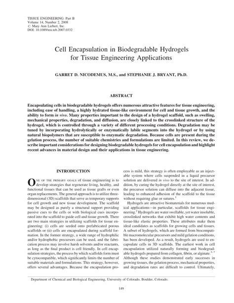 Pdf Cell Encapsulation In Biodegradable Hydrogels For Tissue