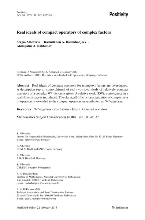 Pdf Real Ideals Of Compact Operators Of Complex Factors