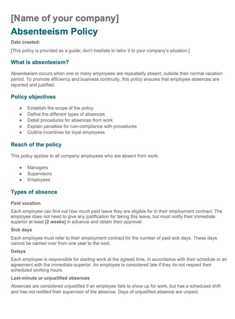 Free Absenteeism Policy Template Agendrix