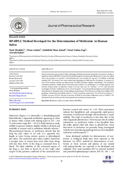 Pdf Rp Hplc Method Developed For The Determination Of Metformin In Human Saliva