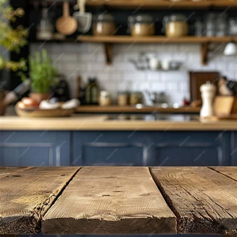 보케bokeh 배경의 빈 나무 탁상은 현대적인 주방 제품 음식 디스플레이를 보여줍니다 프리미엄 Ai 생성 이미지