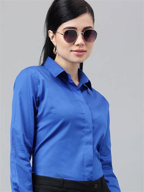 Hancock Women Royal Blue Solid Cotton Satin Regular Fit Formal Shirt