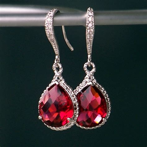 Ruby Red Teardrop Crystals Set In Silver With Crystal Detailed Etsy
